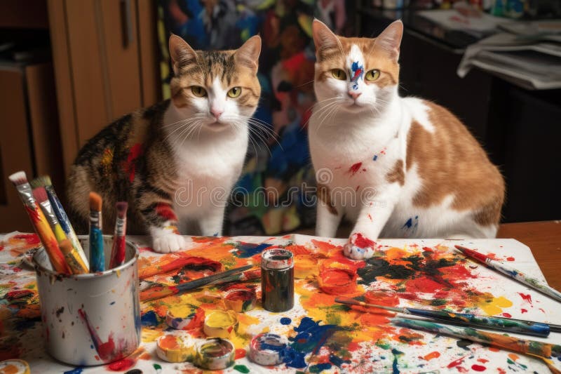 Pair of Cats, Each with Its Own Paintbrush, Creating Abstract Work of ...