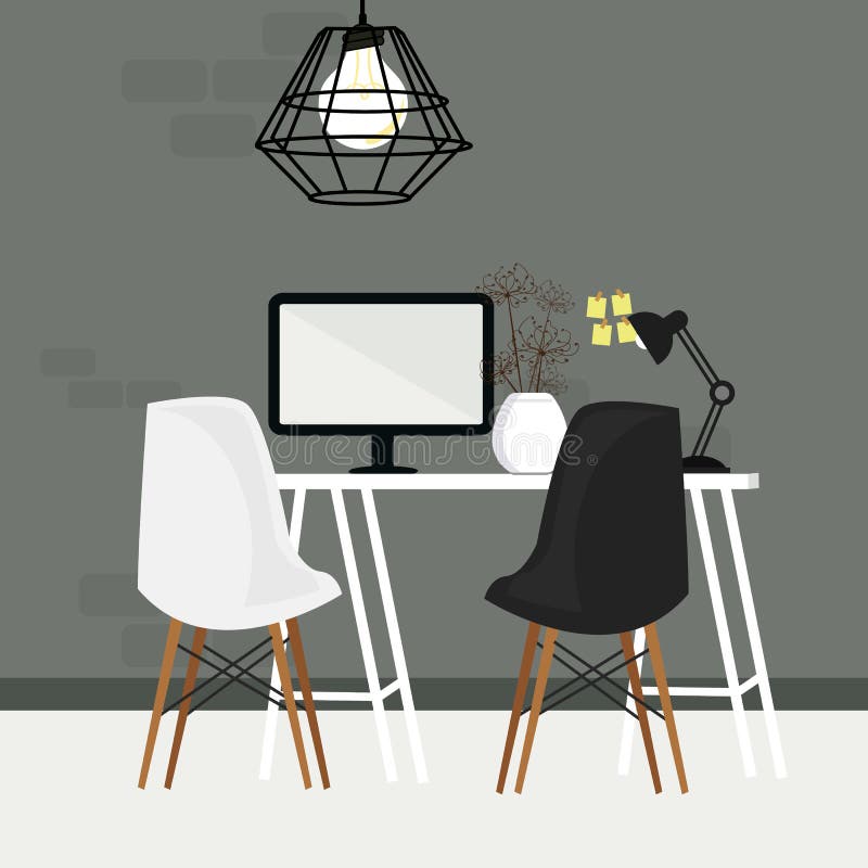 Pair of Chair in Empty Working Space with Computer Monitor and Lamp ...
