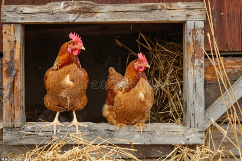 A Pair of Chickens Standing in a Window Frame, Looking Out or in Stock ...