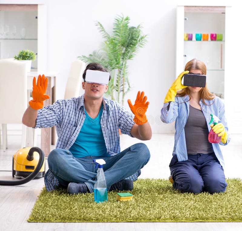 Pair Cleaning House with Virtual Glasses Stock Image - Image of sponge ...