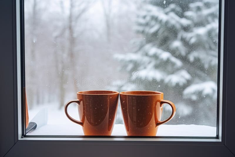 Pair of Connected Coffee Cups by a Window with Snow Outside Stock ...