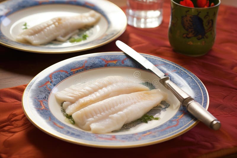 Pair of Cooked Sole Fillets on Fine China with Silver Cutlery Stock ...