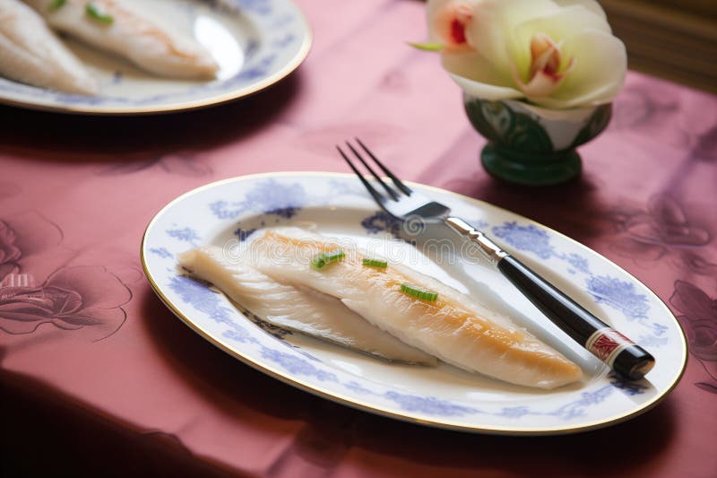 Pair of Cooked Sole Fillets on Fine China with Silver Cutlery Stock ...