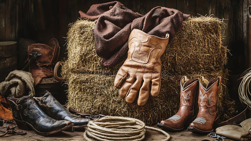 Pair of Cowboy Gloves Draped Over Stack of Hay Bales, Surrounded by ...