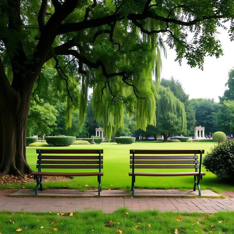 A Pair of Cozy Garden Benches Facing Each Other in a Tranquil Park with ...