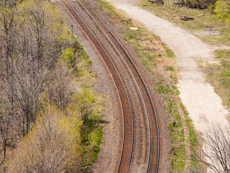 Pair of Curving Train Tracks Near Forest. Stock Photo - Image of long ...