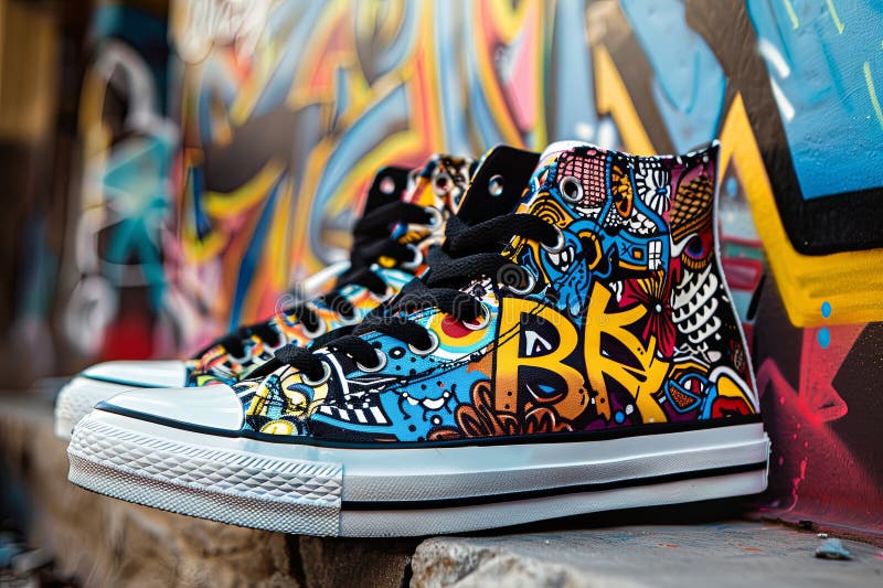 A Pair of Custom Sneakers with Intricate Graffiti Designs, Standing on ...