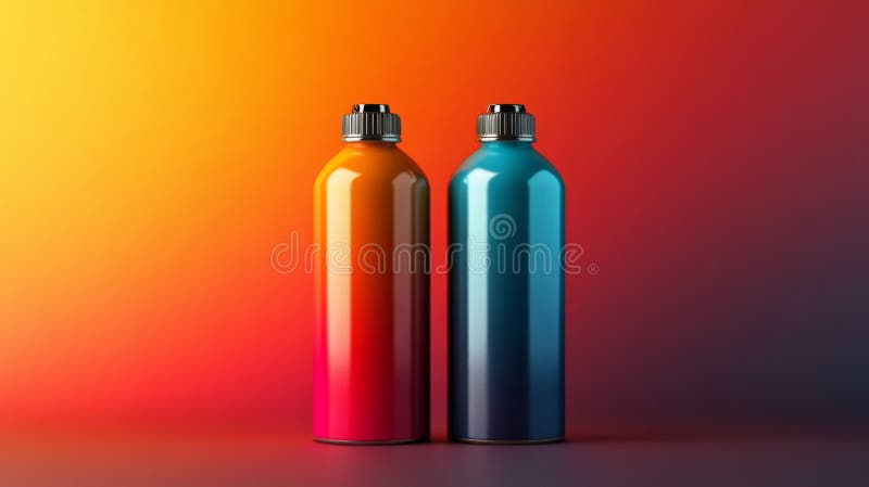 Pair of Cylindrical Metal Bottles in Orange and Blue on Gradient ...