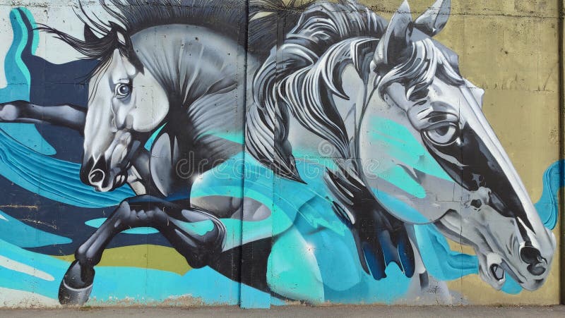 A pair of dancing horses. editorial stock photo. Image of mural - 348524698