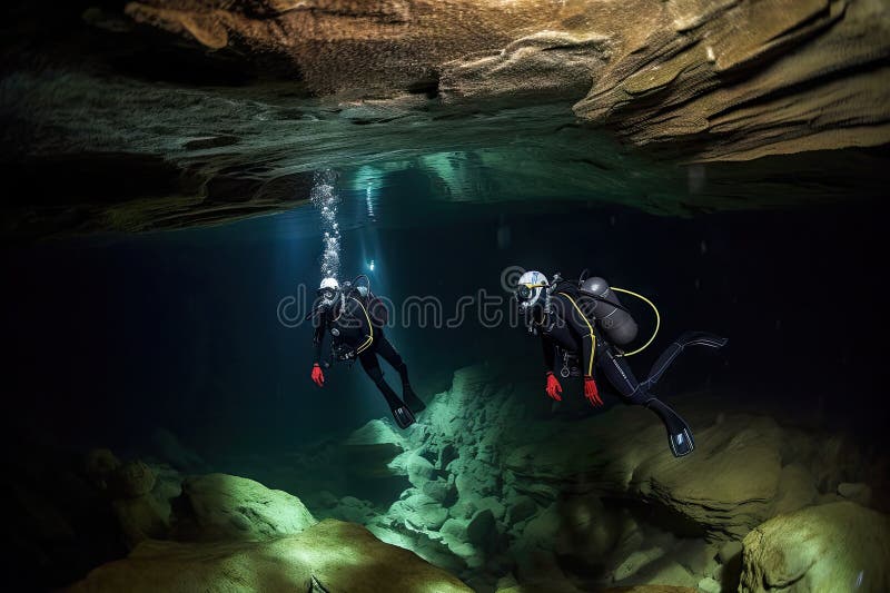 Pair of Divers Exploring Underwater Cave System, with Fish Swimming ...