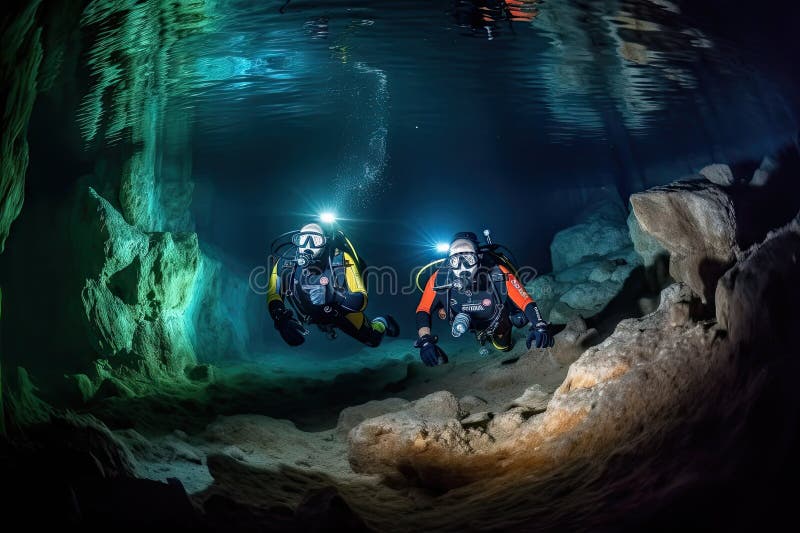 Pair of Divers Exploring Underwater Cave System, with Fish Swimming ...