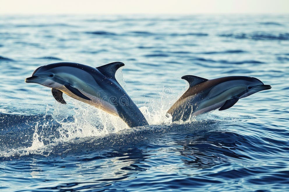 Pair of Dolphins Leaping Gracefully in the Ocean Stock Illustration ...