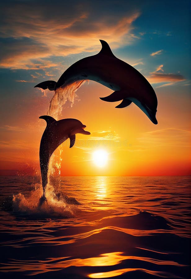 Pair of Dolphins Swim in the Ocean at Sunset. AI Generated Stock ...