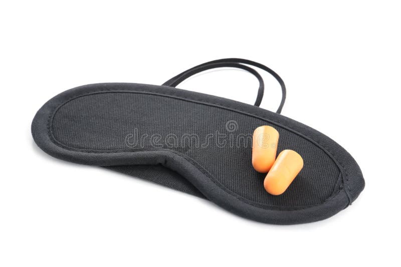Pair of Ear Plugs and Black Sleeping Mask on White Background Stock ...