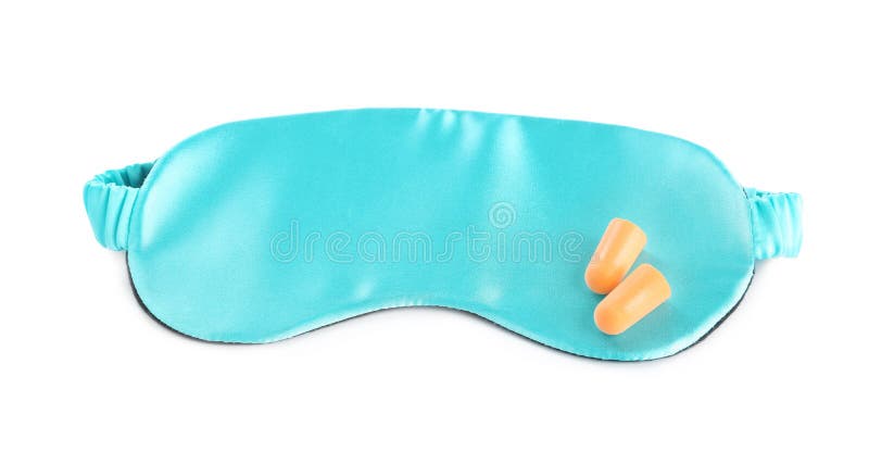 Pair of Ear Plugs and Light Blue Sleeping Mask on White Background ...
