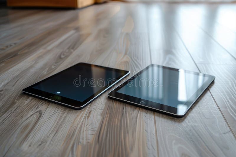 A Pair of Electronic Devices Placed on a Wooden Floor, Great for Use As ...