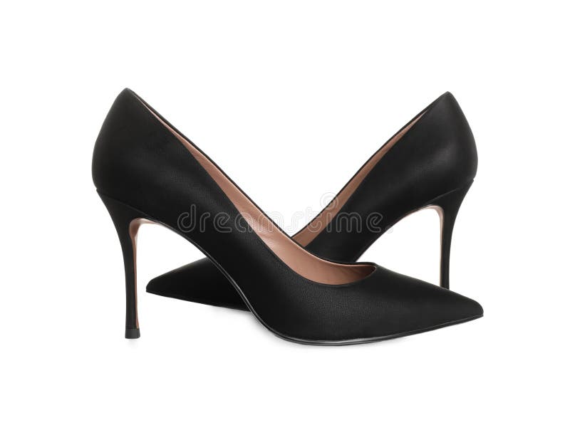 Pair of Elegant Black High Heel Shoes on White Background Stock Photo ...
