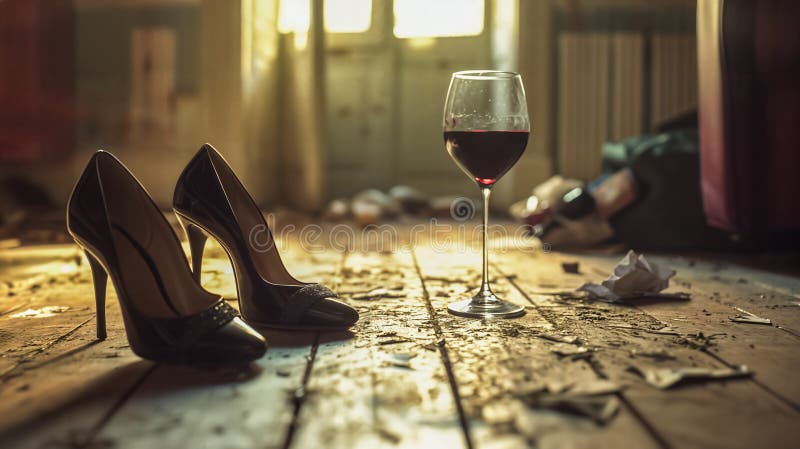 Pair of Elegant High Heels and a Glass of Red Wine Placed on the Messy ...