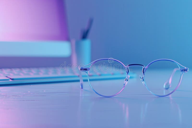 A Pair of Eyeglasses with Clear Frames Sits on a White Desk, a Blurred ...