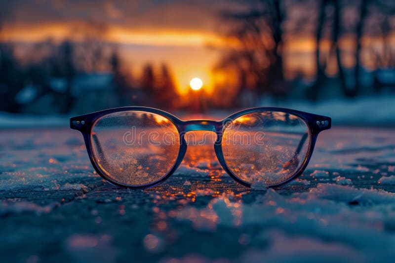 Pair of Eyeglasses Reflecting the Setting Sun on a Road Trip Stock ...