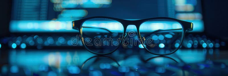 A Pair of Eyeglasses Rest on a Computer Keyboard, with the Blue Glow of ...