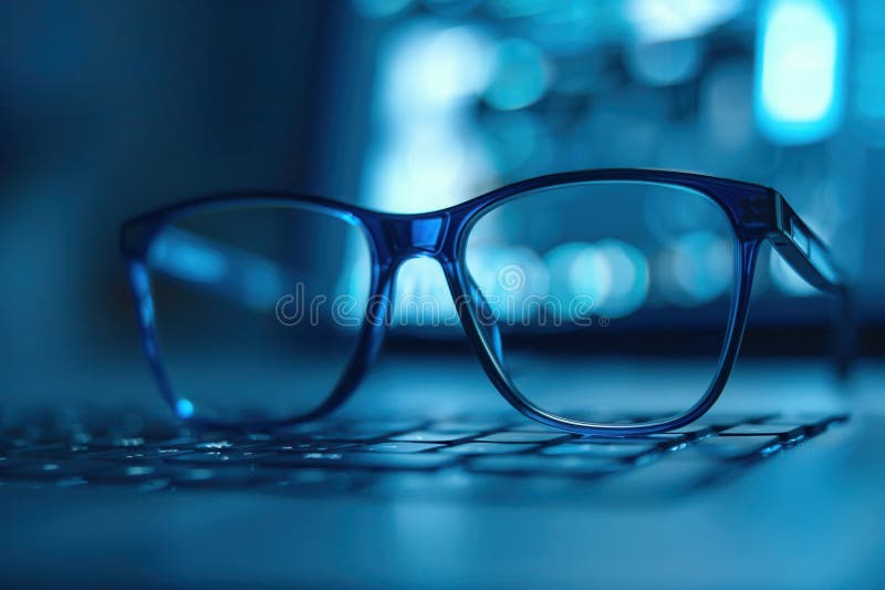 A Pair of Eyeglasses Rest on a Keyboard with a Blurred Computer Screen ...