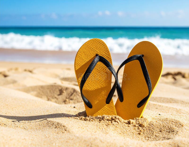 A Pair of Flip-flops Kicked Off Onto Warm Sand, with the Ocean Waves ...