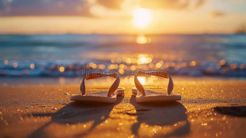 A Pair of Flip Flops is Laying on the Beach at Sunset Stock ...
