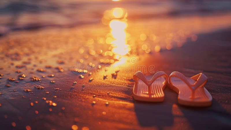 A Pair of Flip Flops is Laying on the Beach at Sunset Stock ...