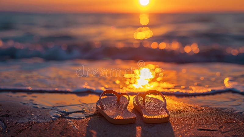 A Pair of Flip Flops is Laying on the Beach at Sunset Stock ...