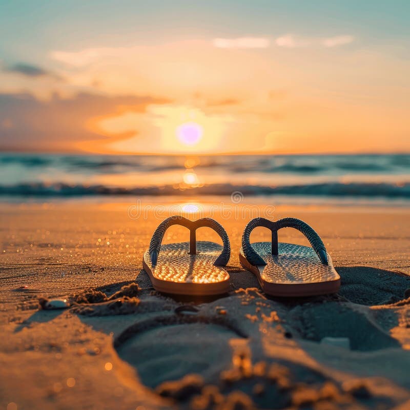 A Pair of Flip Flops is Laying on the Beach at Sunset Stock ...