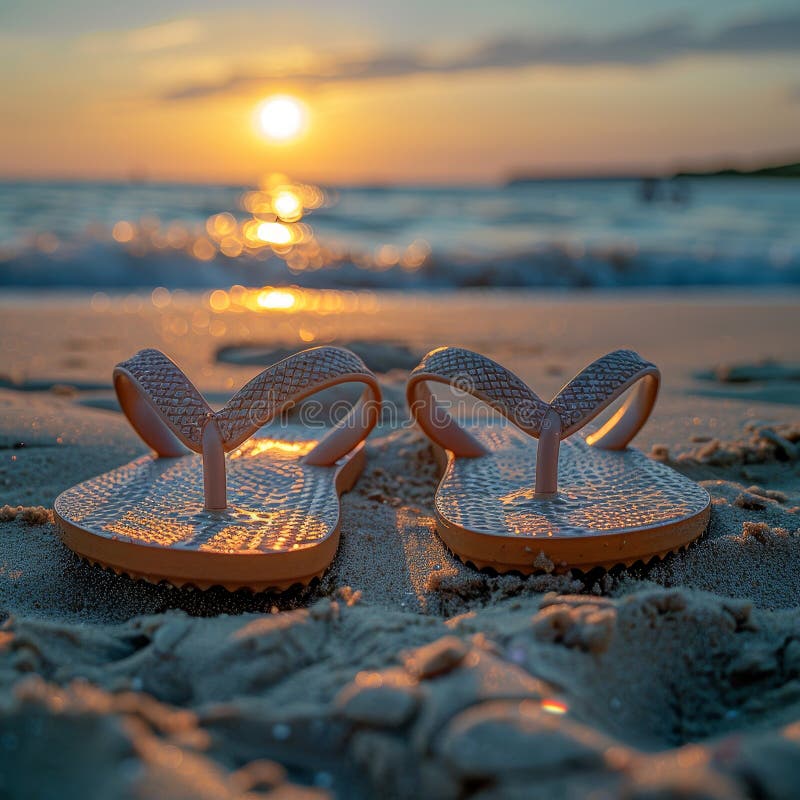 A Pair of Flip Flops is Laying on the Beach at Sunset Stock ...