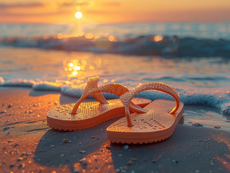 A Pair of Flip Flops is Laying on the Beach at Sunset Stock ...
