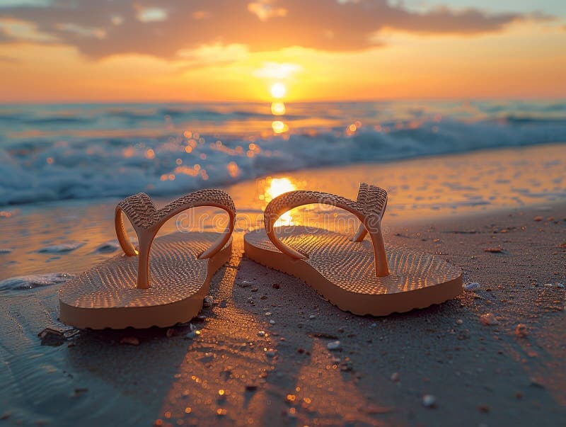 A Pair of Flip Flops is Laying on the Beach at Sunset Stock ...