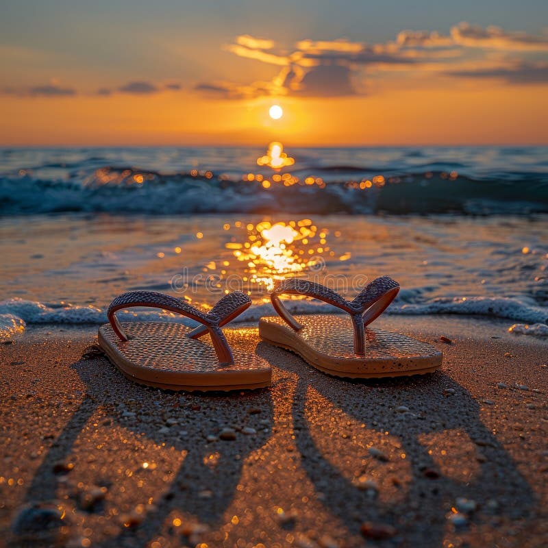 A Pair of Flip Flops is Laying on the Beach at Sunset Stock ...