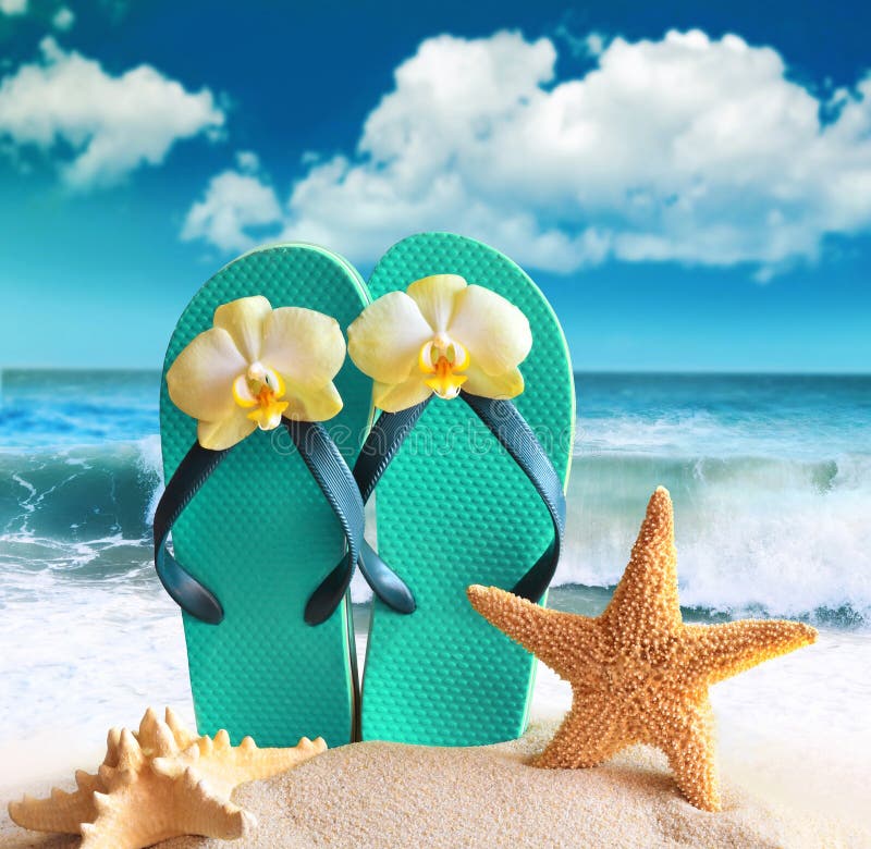 Pair Flip-flops on the Sand of a Beach Stock Image - Image of ...