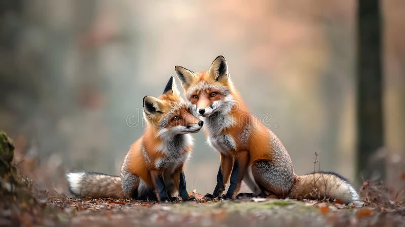 Pair of Foxes Sitting Side by Side, Tails Curled, in Serene Forest ...