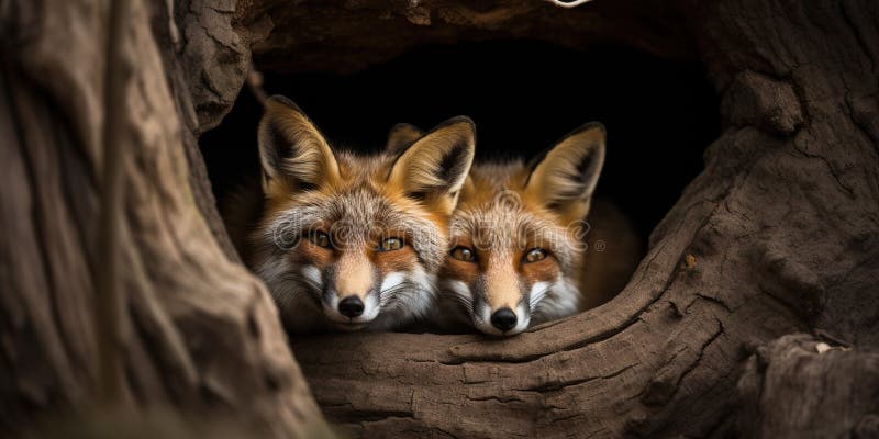 A Pair of Foxes Snuggling Together in a Den Beneath a Tree, Concept of ...