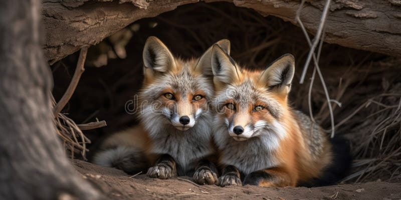 A Pair of Foxes Snuggling Together in a Den Beneath a Tree, Concept of ...