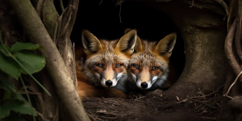 A Pair of Foxes Snuggling Together in a Den Beneath a Tree, Concept of ...
