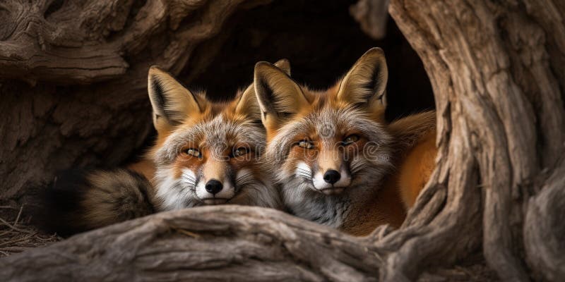 A Pair of Foxes Snuggling Together in a Den Beneath a Tree, Concept of ...