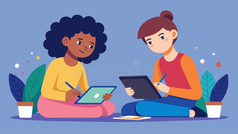 A Pair of Friends Drawing and Coloring Together on Their Tablets ...