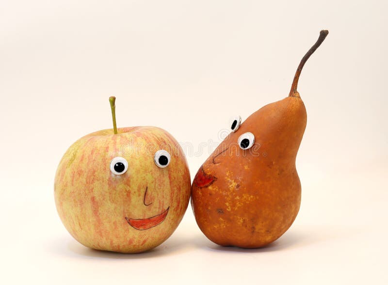 Pair of Fruits Apple and PEAR with Eyes Stock Image - Image of kiss ...