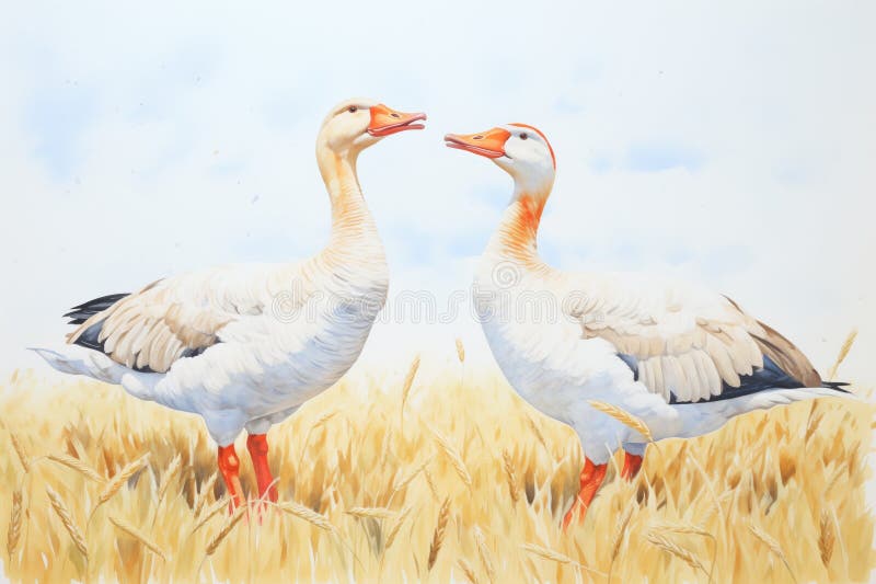 Pair of Geese in a Field, One Honking at the Sky Stock Image - Image of ...