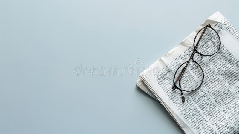 Folded Newspaper with a Pair of Blue Reading Glasses on it Stock Image ...