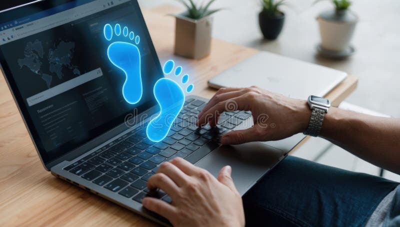 Pair of Glowing Blue Digital Footprints on the Screen of a Laptop, Used ...