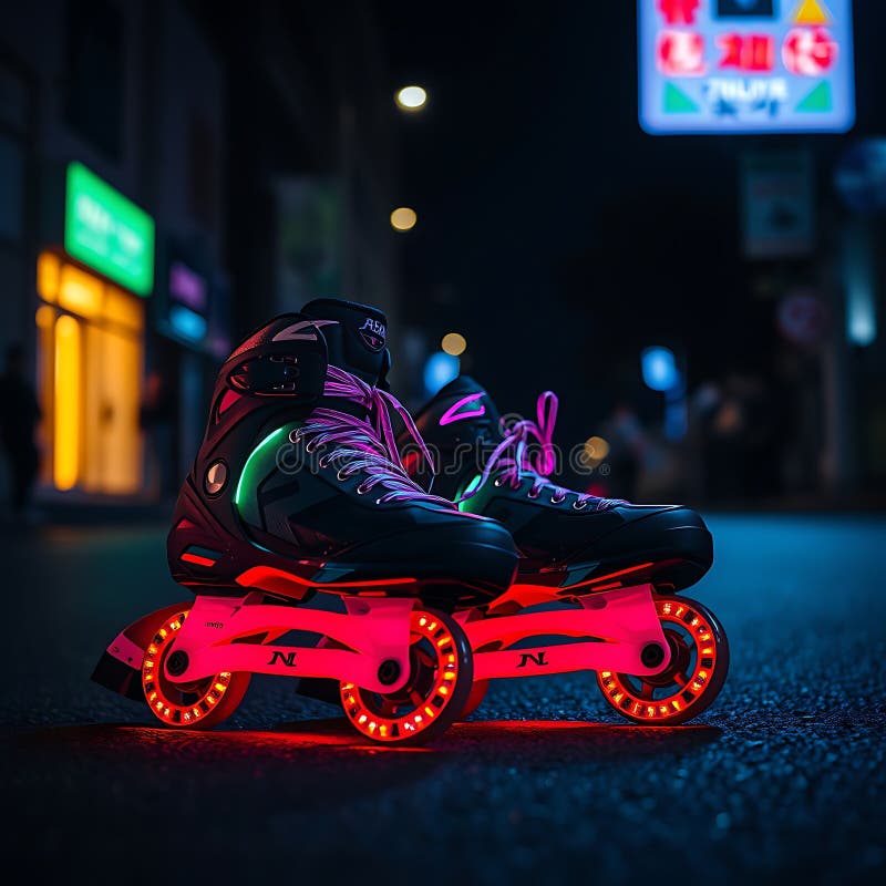 A Pair of Glowing Neon Rollerblades Resting on a Dark Street Stock Illustration - Illustration ...