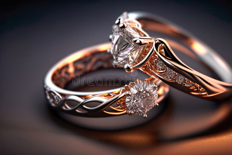 A Pair of Gold Engagement Wedding Rings with Diamonds. Created with ...