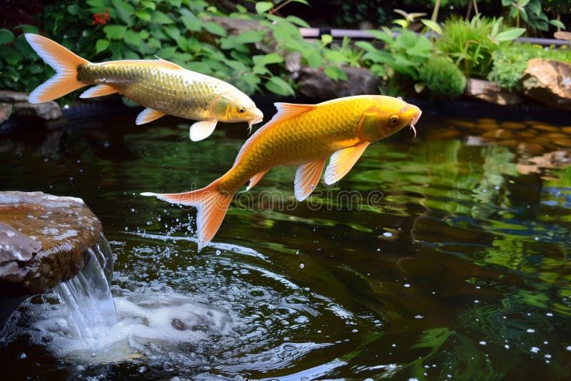 Pair of Golden Koi Fish Leaping in a Garden Pond Stock Photo - Image of ...