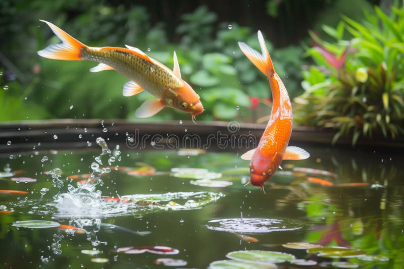 Pair of Golden Koi Fish Leaping in a Garden Pond Stock Image - Image of ...